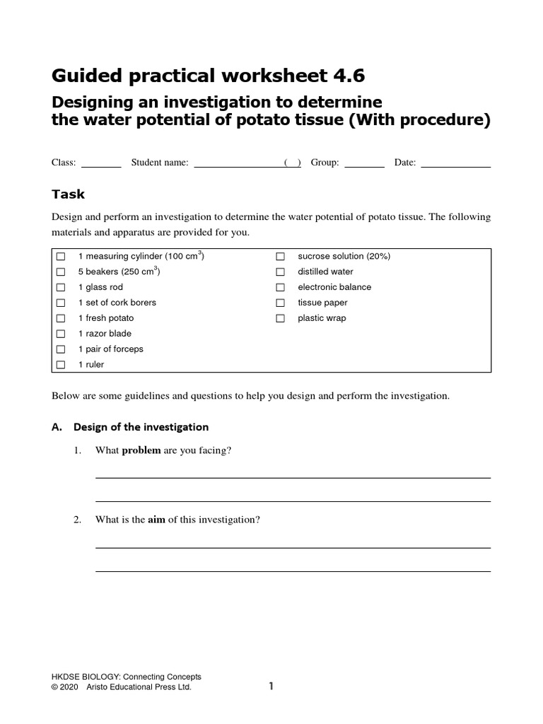 Water Potential of Potato Tissue Experiment | PDF | Osmosis