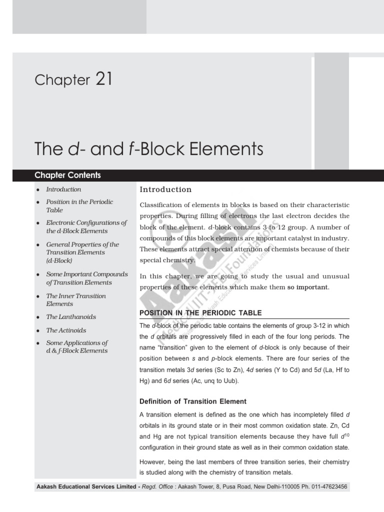 Med RM - Chem - SP 4 - CH 21 The D and F Block Elements | PDF | Transition Metals | Electron ...
