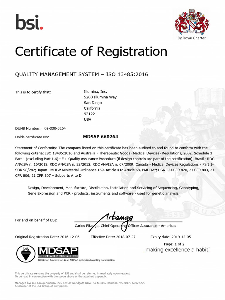 Quality Management Certificate Iso 13485 2003 Mdsap 660264 San Diego ...