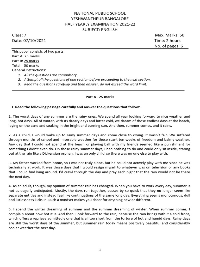 Question Paper HY Class 7 English | PDF | Verb | Linguistic Typology