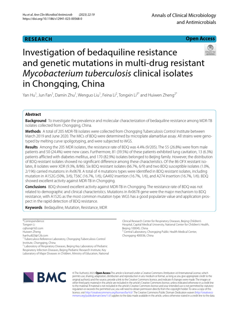 Investigation of Bedaquiline Resistance and Genetic Mutations in Multi ...