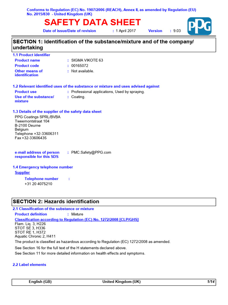 Sigma Vikote 63 MSDS | PDF | Waste | Occupational Safety And Health