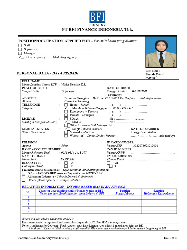 F-107 FORM PENGISIAN CALON KARYAWAN Nikke | PDF