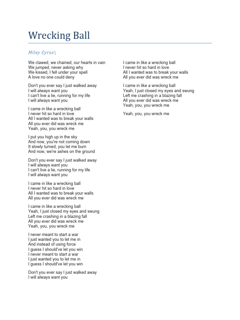 Miley Cyrus - Wrecking Ball Lyrics | PDF | Home & Garden