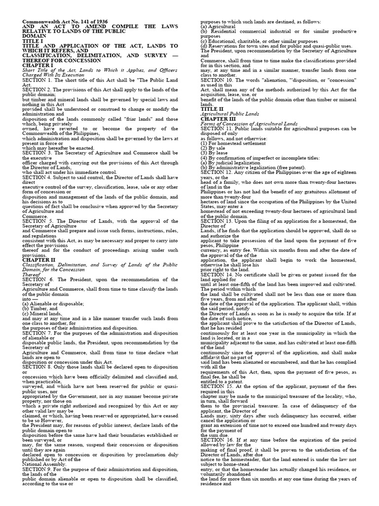 Commonwealth Act No 141 | PDF | Lease | Auction