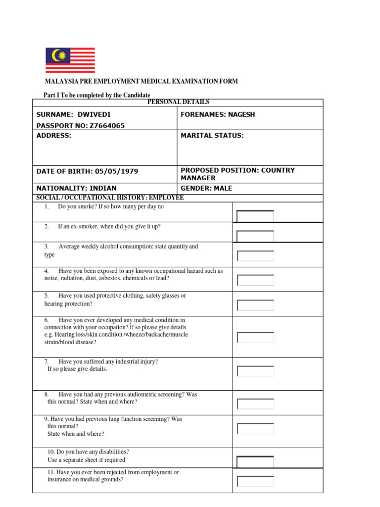 Malaysia Pre-Employment Medical Form | PDF | Personal Protective ...