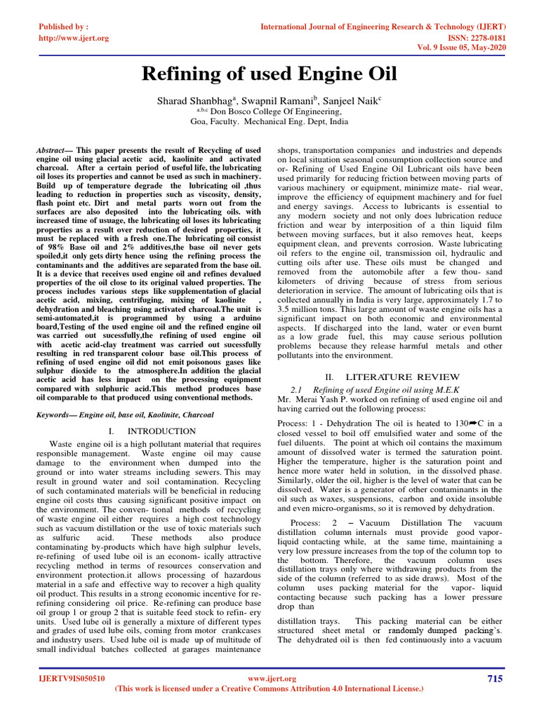 Refining of Used Engine Oil | Download Free PDF | Lubricant | Motor Oil