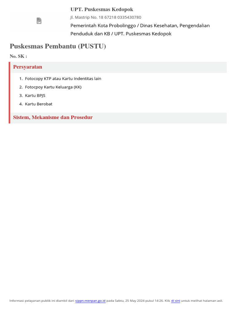 Unduh Standar Pelayanan - Puskesmas Pembantu (PUSTU) | PDF
