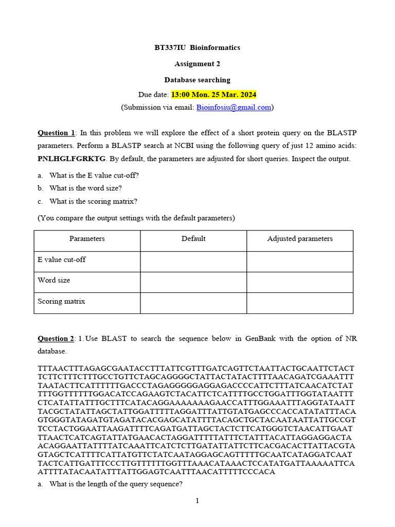 Assignment 2 - Database Searching - 19 Mar. 2024 | PDF | Nucleic Acid ... Assignment 2 - Database Searching - 19 Mar. 2024 | PDF | Nucleic Acid ...