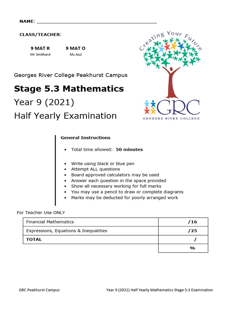 Year 9 Mathematics Exam 2021 GRC Peakhurst | PDF | Equations | Interest