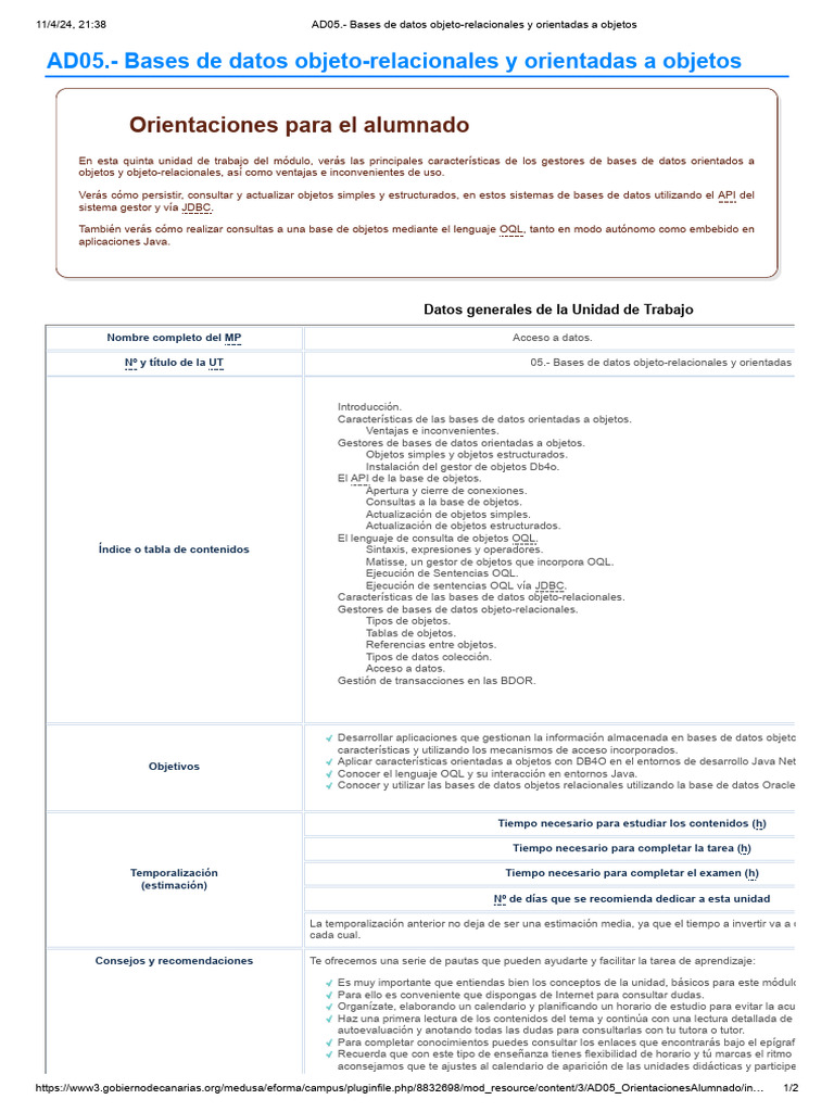 AD05. - Orientaciones para El Alumnado. Bases de Datos Objeto ...