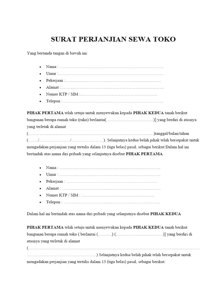 Surat Perjanjian Sewa Toko | PDF | Hukum