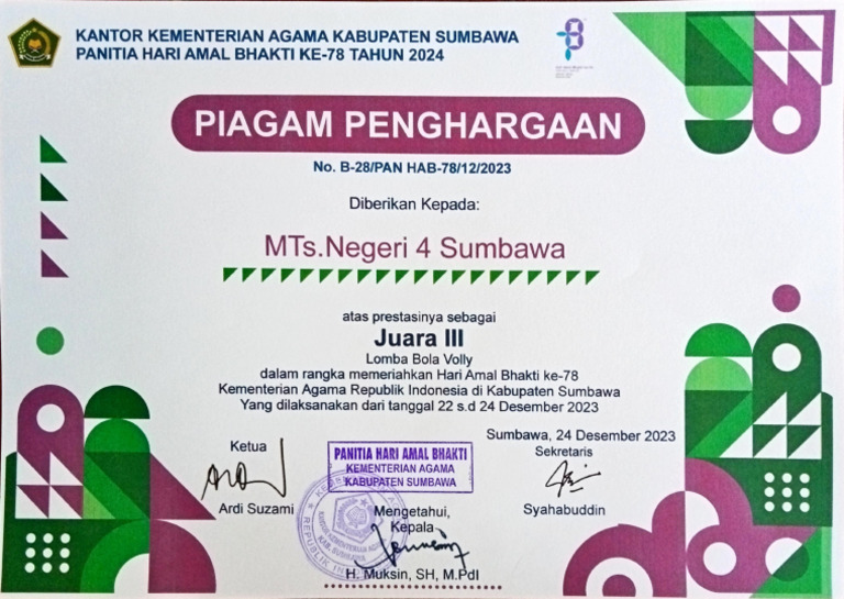 Sertifikat Juara III Volly 2023 | PDF