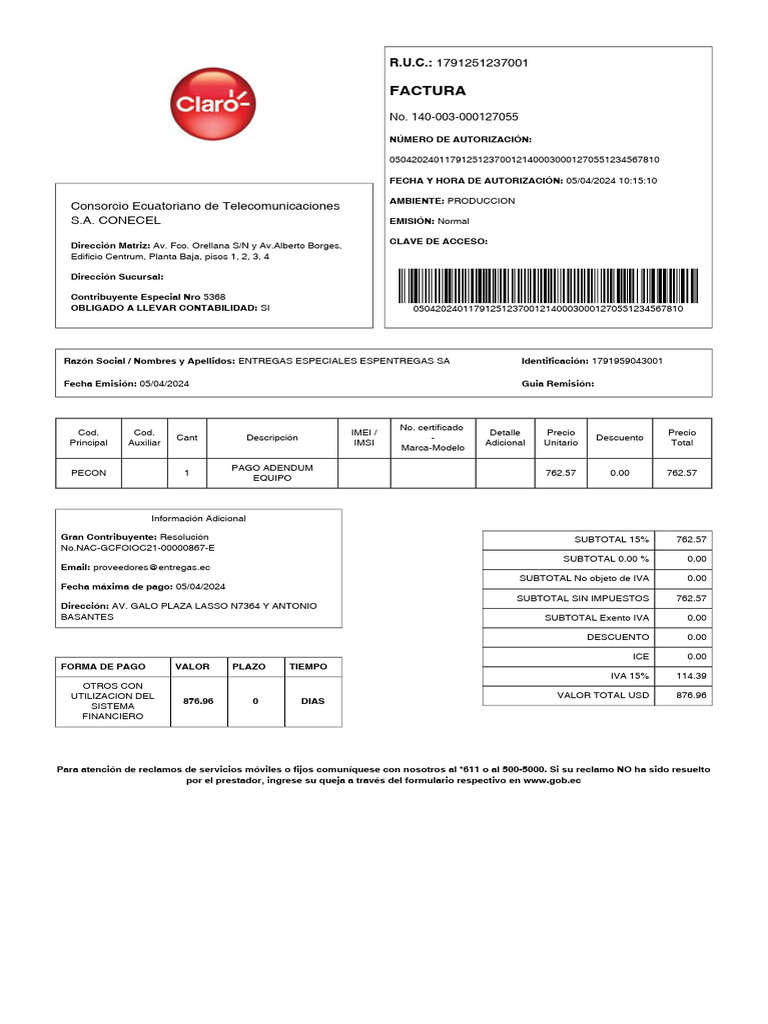 Factura: Consorcio Ecuatoriano de Telecomunicaciones S.A. Conecel | PDF ...