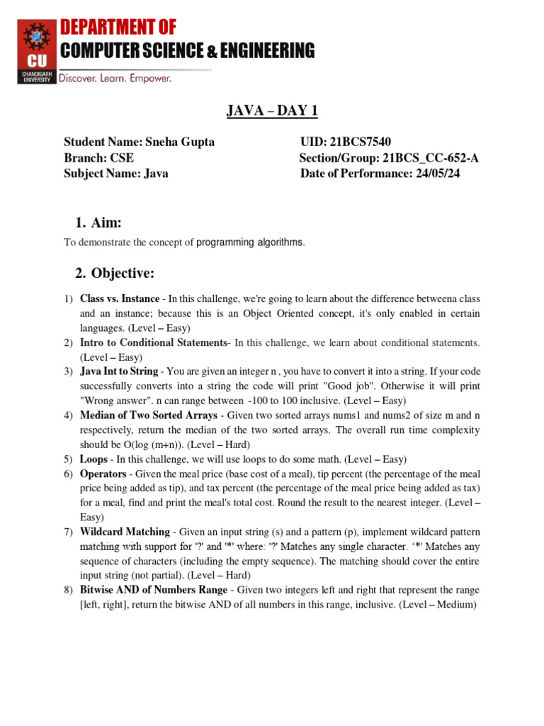 21BCS7540 Sneha Gupta Day1 | Download Free PDF | String (Computer Science) | Control Flow