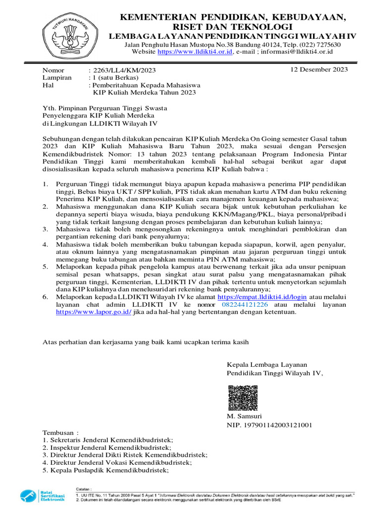 Surat Edaran Kepada Mahasiswa KIP Kuliah Tahun 2023 | PDF