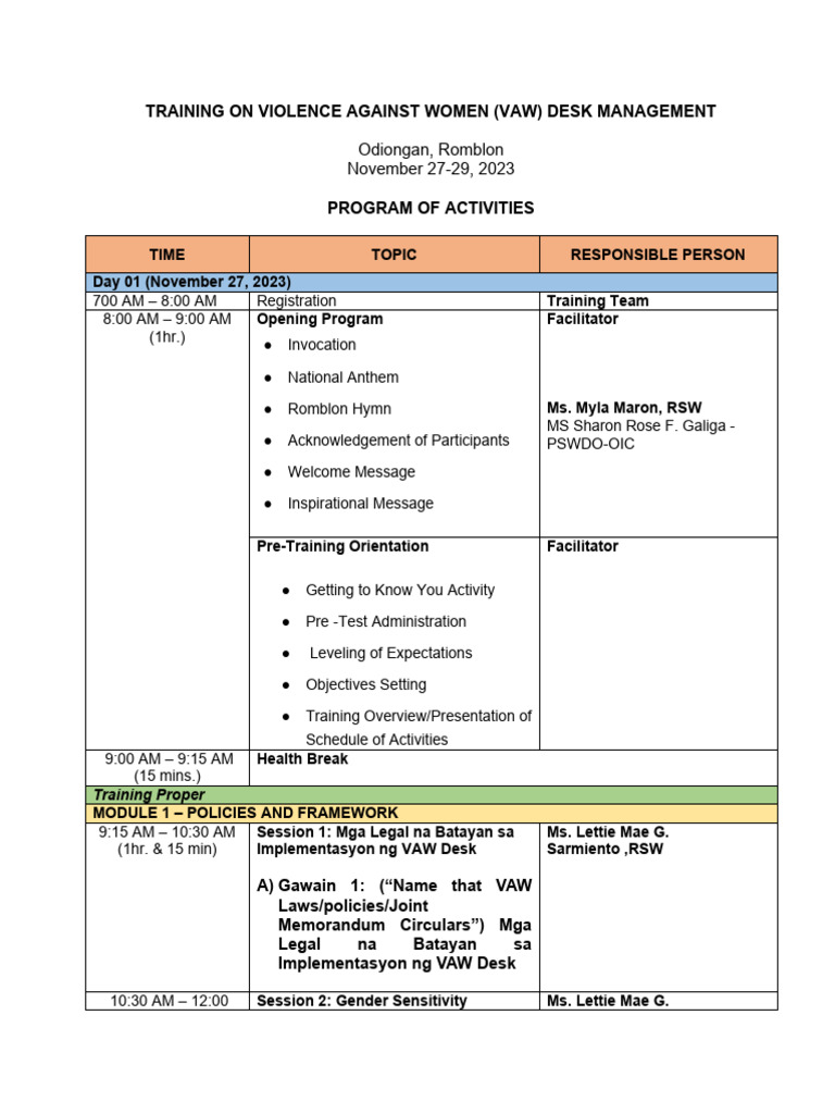 VAW Desk Management Training Program | PDF | Equality Rights | Gender ...