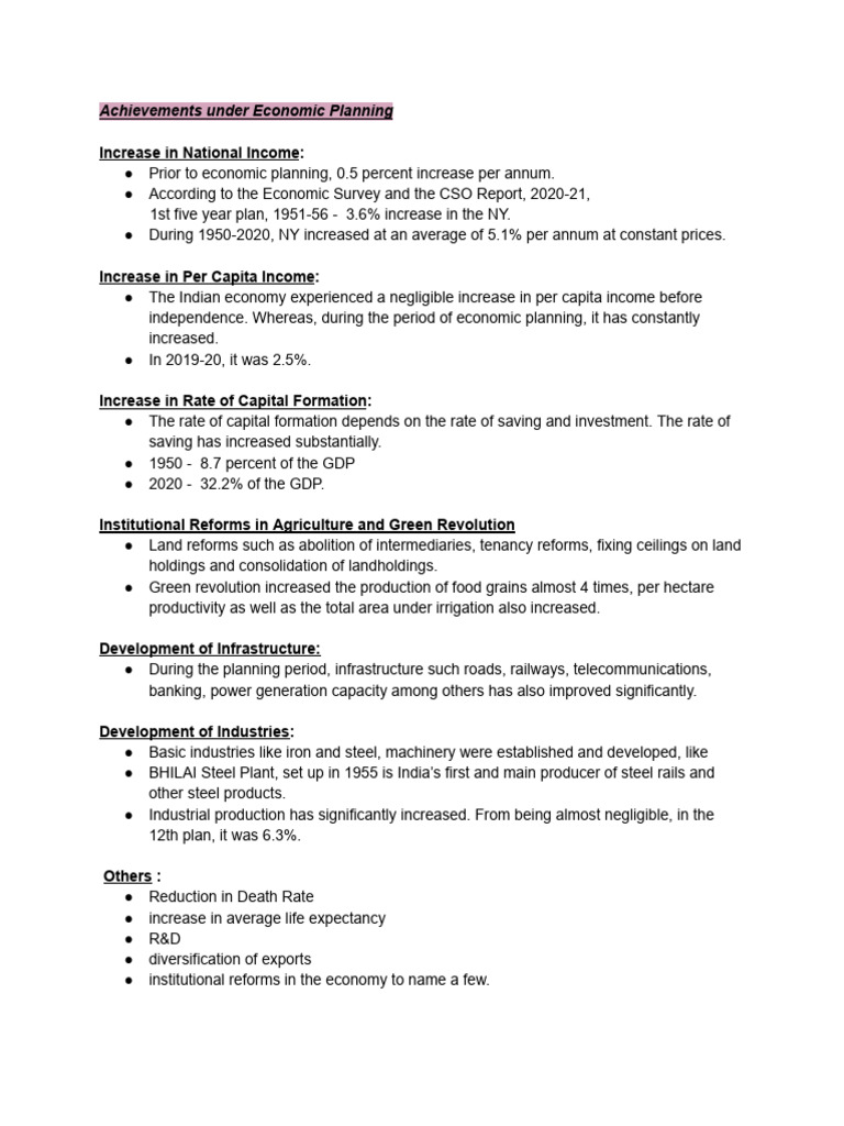 Economic Planning India Notes | PDF | Green Revolution | Economy Of India
