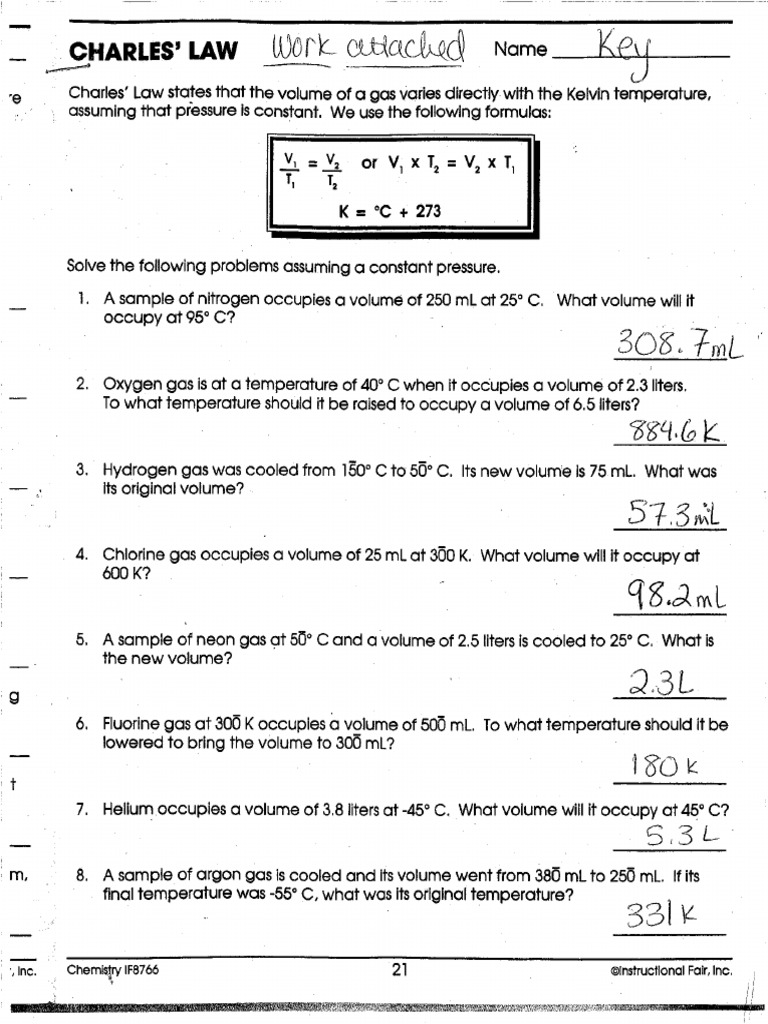 Charles Law WKST KEY With Work Shown | PDF