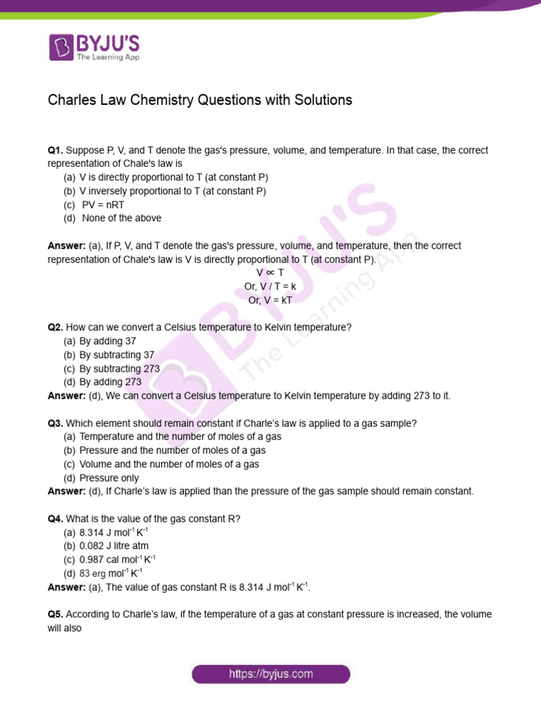 Charles Law Questions | PDF | Gases | Temperature