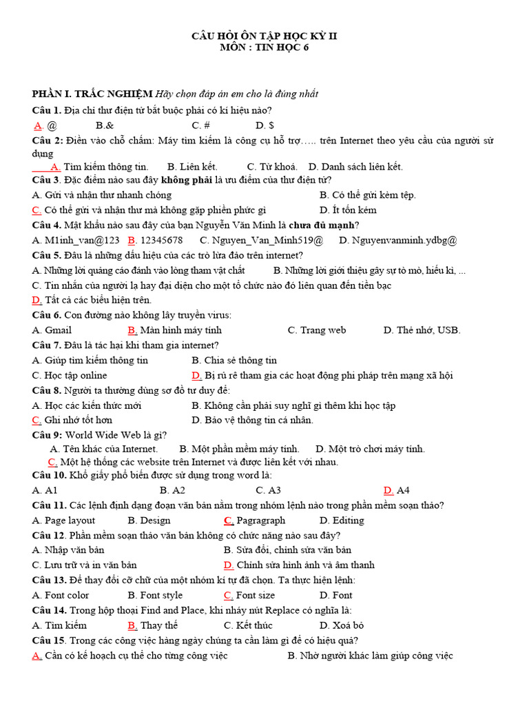 CÂU HỎI ÔN TẬP HỌC TIN 6 hk2 | PDF