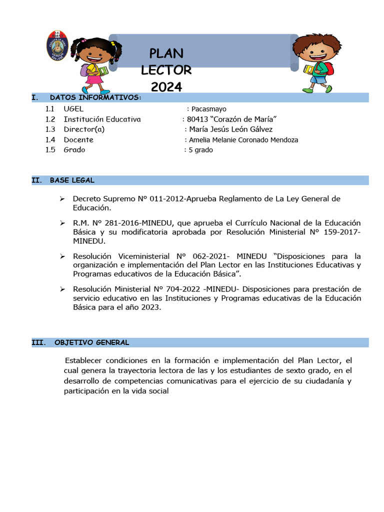 Plan Lector 2024 para 5° Grado en Pacasmayo | PDF | Información | Maestros