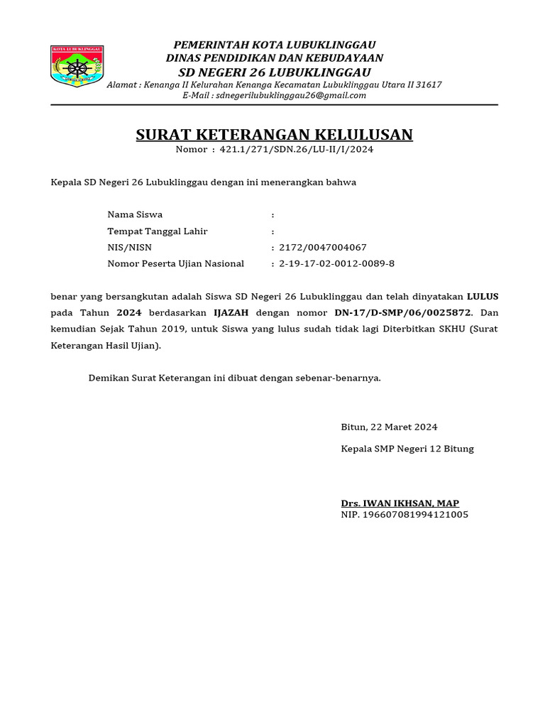 Surat Keterangan Lulus SD 2024 | PDF