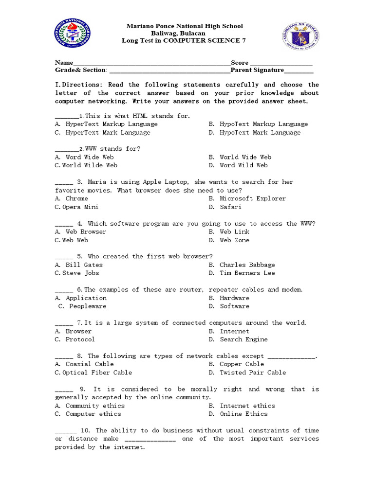 4th Long Test Computer Science | PDF | World Wide Web | Internet & Web