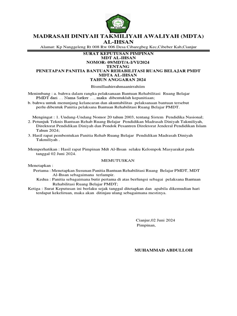 Madrasah Diniyah Takmiliyah Awaliyah | PDF