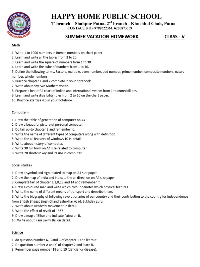 Hhps Summer Vacation Homework Class 5 | PDF | Numbers