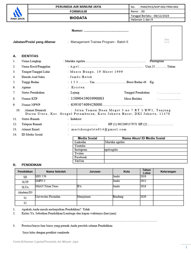Form Biodata Pam Jaya | PDF