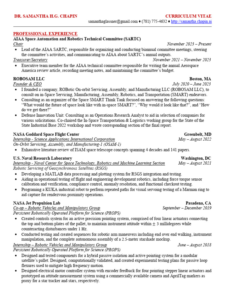 Samantha Chapin CV | PDF | Robotics | Rover (Space Exploration)