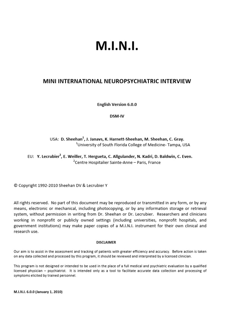 Mini International Neuropsychiatric Interview | PDF | Psychiatry | Medical Diagnosis
