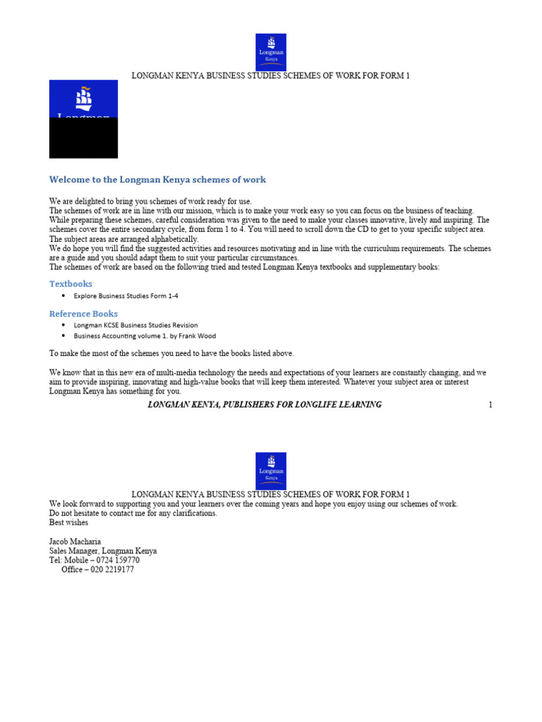 Schemes of Work BUSINESS Form 1 | PDF | Entrepreneurship | Learning