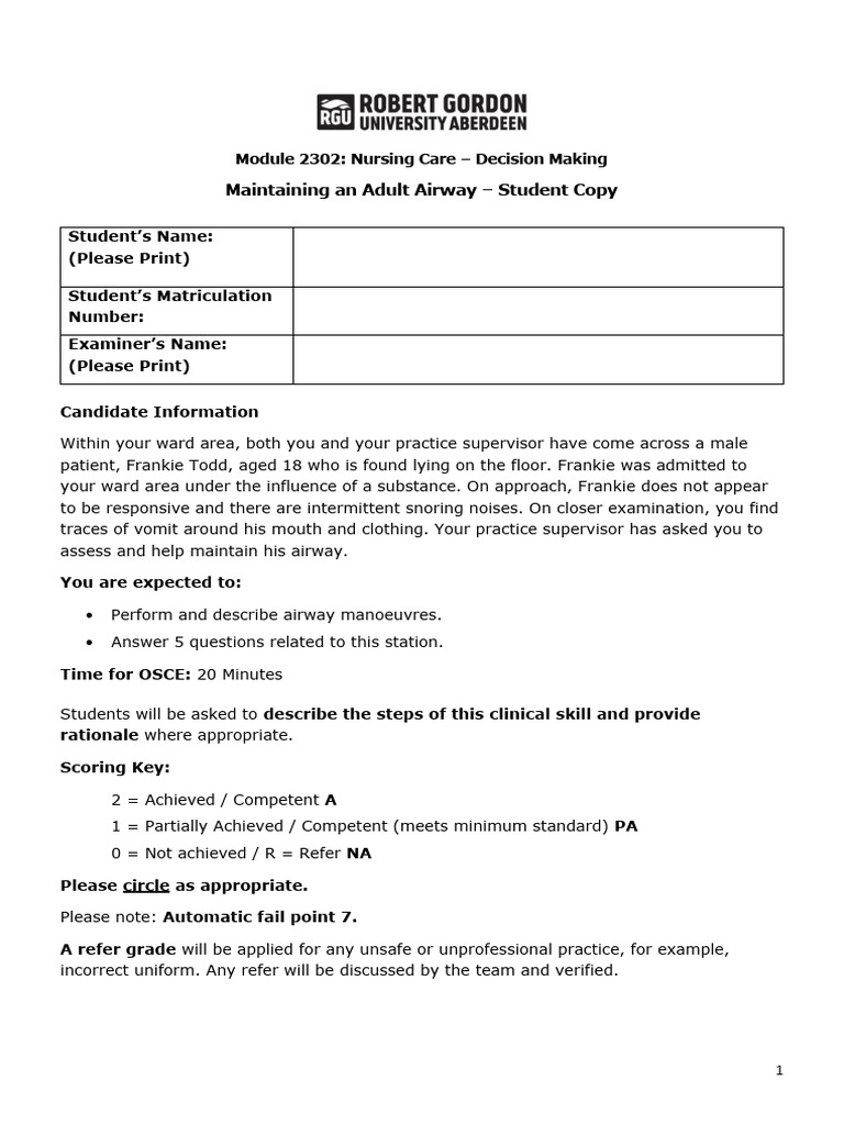 NU2302 OSCE Marking Sheet - Maintaining An Adult Airway | PDF ...
