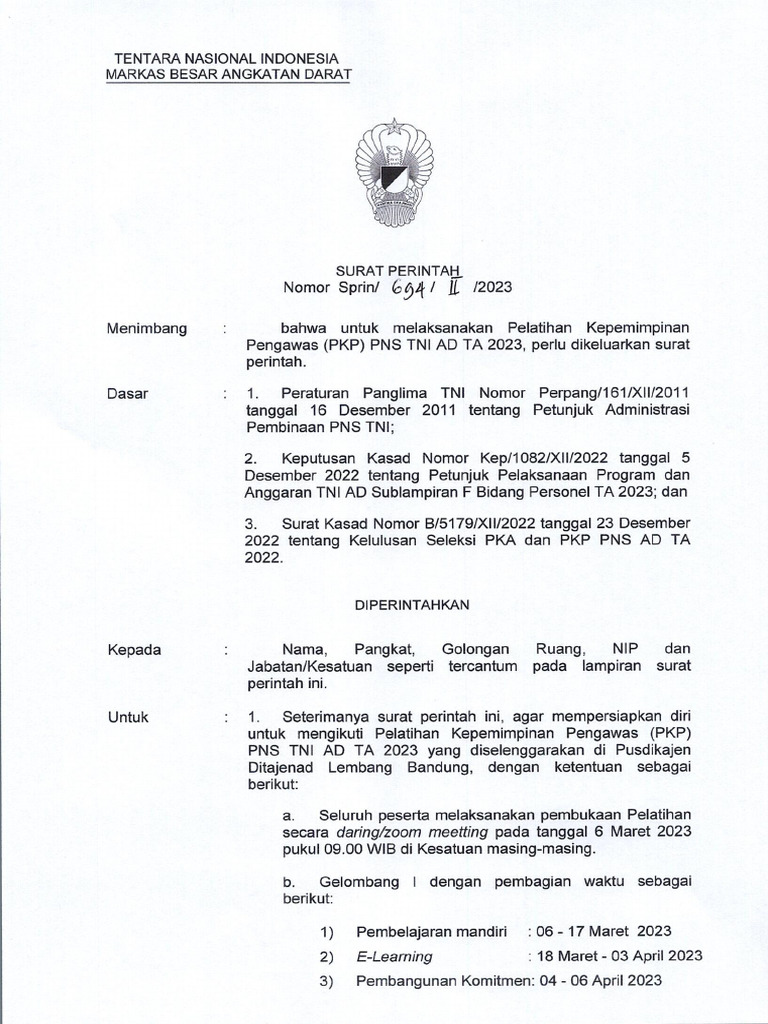 SP 694 II 2023 TTG Pemanggilan Peserta PKP Pns Tni Ad Ta 2023 | PDF