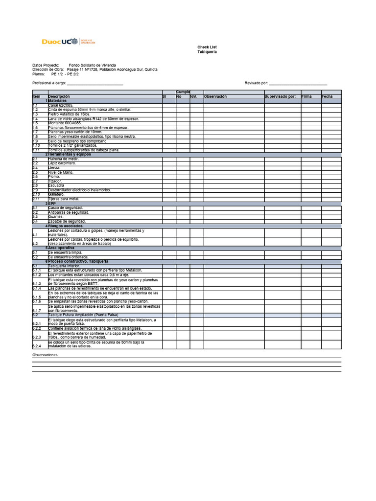 3 Check List Tabiquería | PDF | Materiales | Materiales de construcción