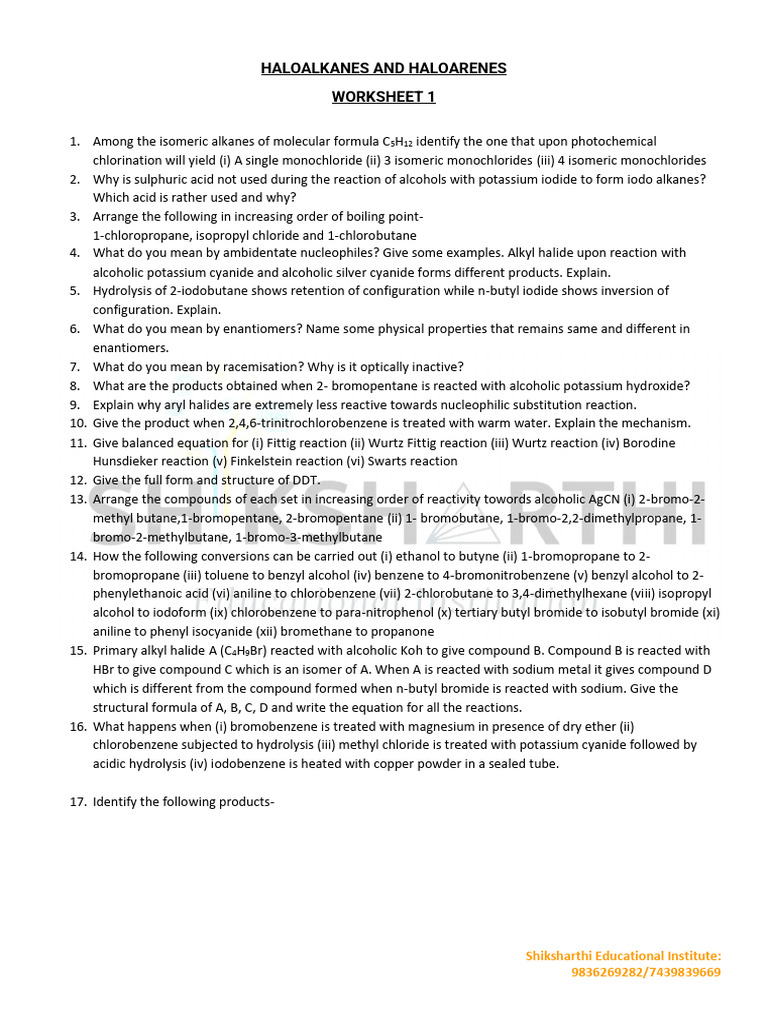 Haloalkanes and Haloarenes Worksheet 1 | PDF | Chemical Reactions ...