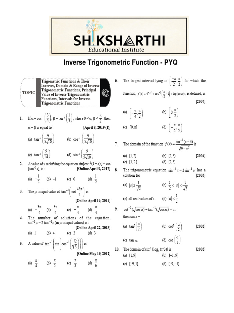 Inverse Trigonometric Function Pyq Weee Pdf