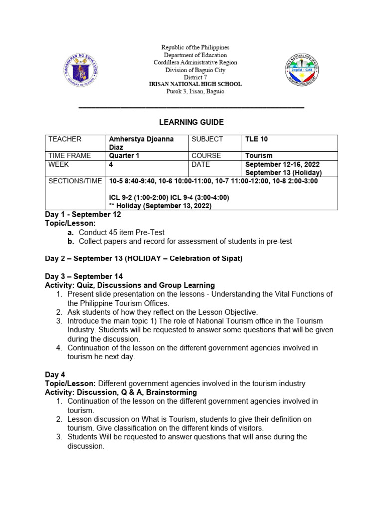 TLE 10: Tourism Learning Guide | PDF | Behavior Modification | Cognition