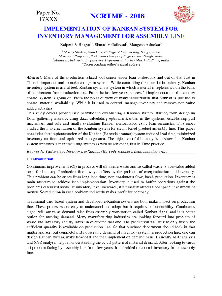Ncrtme 2018 Implementation of Kanban Sys | Download Free PDF | Inventory | Lean Manufacturing