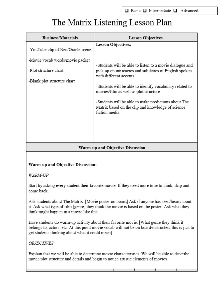 The Matrix Listening Lesson Plan Draft 3 | PDF | Vocabulary | Brainstorming