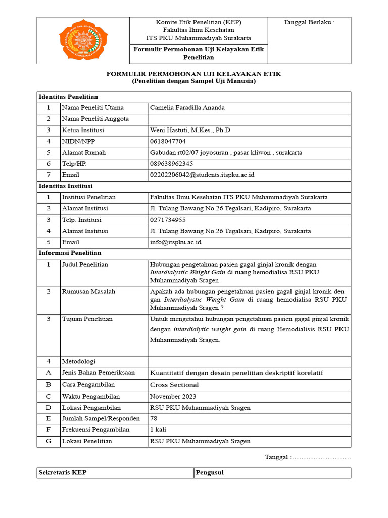 Poin 1B. Form Permohonan Kode Etik Dosen Atau Peneliti Camelia | PDF