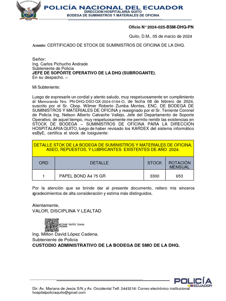 Certificado de Stock Oficina DHQ Quito | PDF