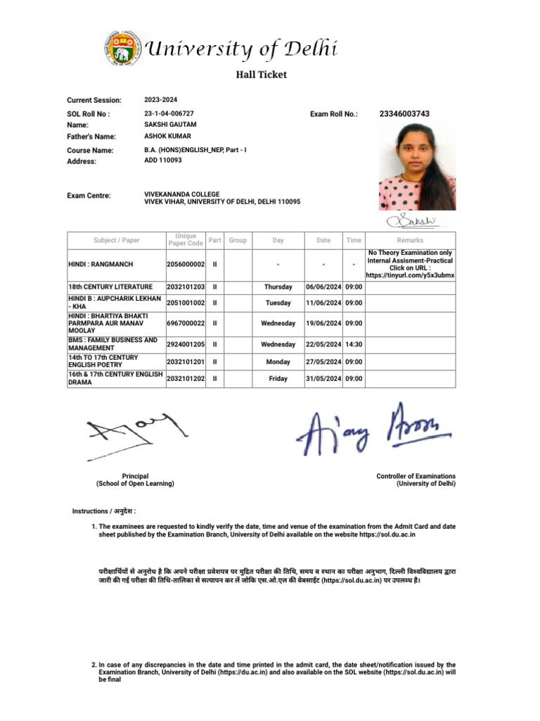 Sakshi 6th Sem Admit Card | PDF