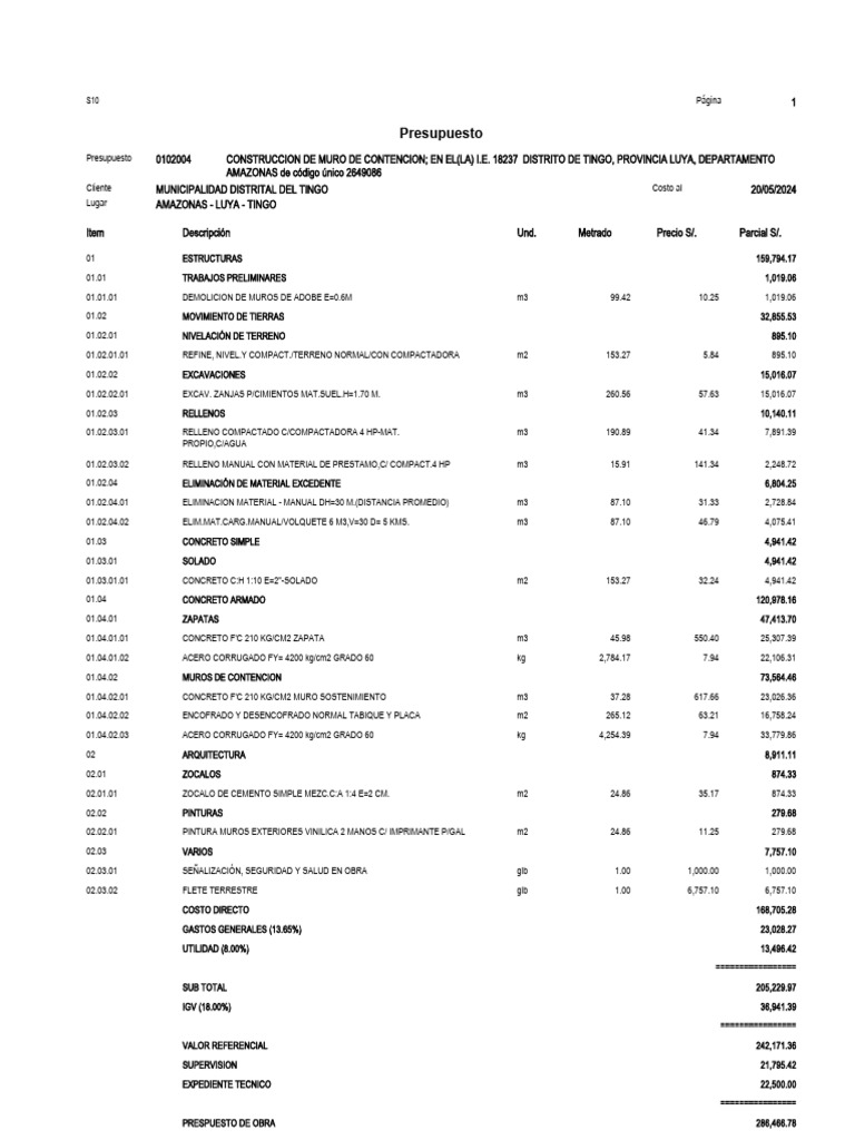 Presupuesto Muro Contención Tingo | PDF | Elementos arquitectónicos | Edificios y estructuras