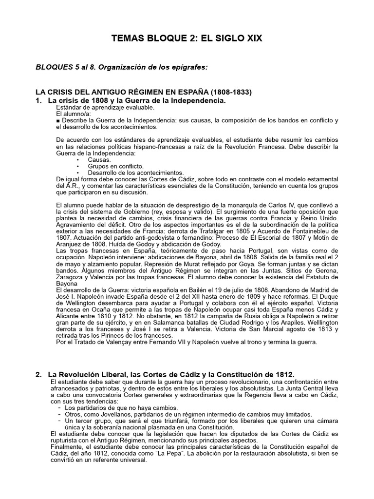TEMAS BLOQUE 1 - Siglo XIX 2023-24 | PDF | Guerra peninsular | Gobierno de españa