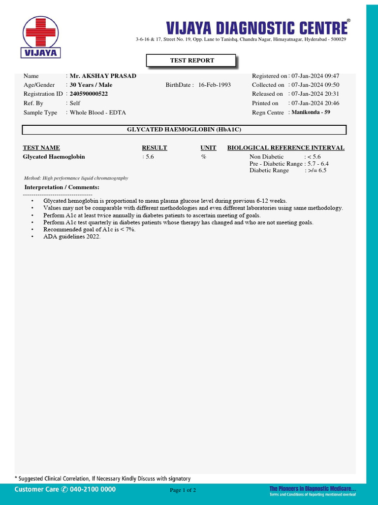 HbA1c Test Report for Akshay Prasad | PDF | Glycated Hemoglobin ...