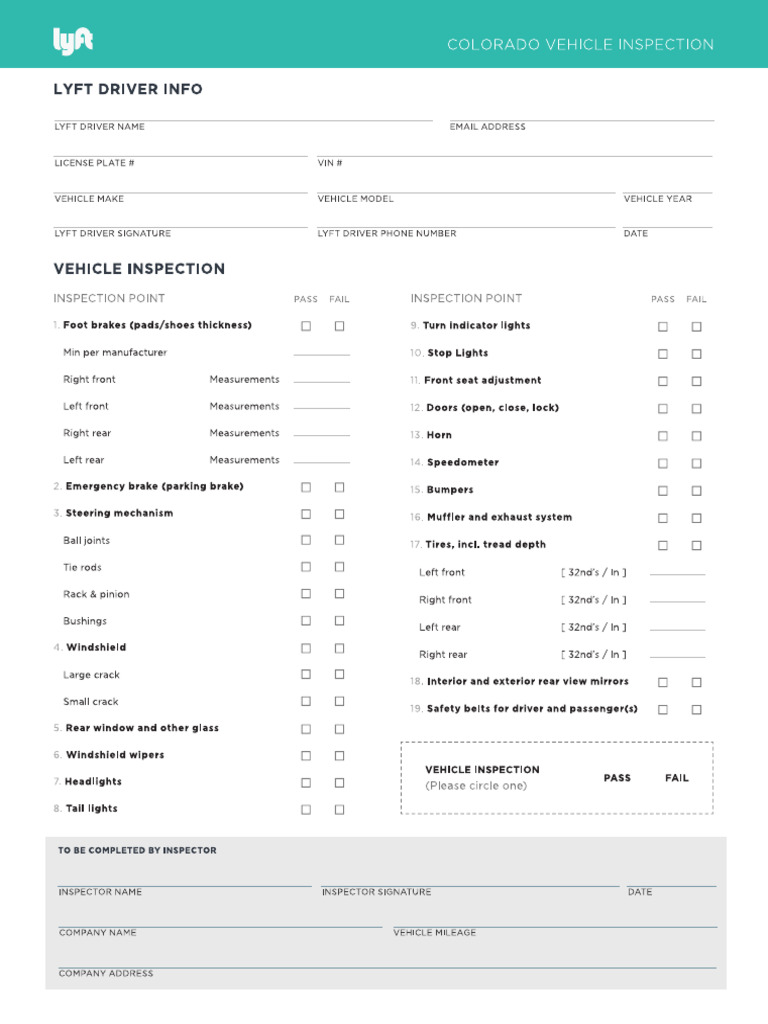 Lyft Vehicle Inspection Form Colorado | PDF
