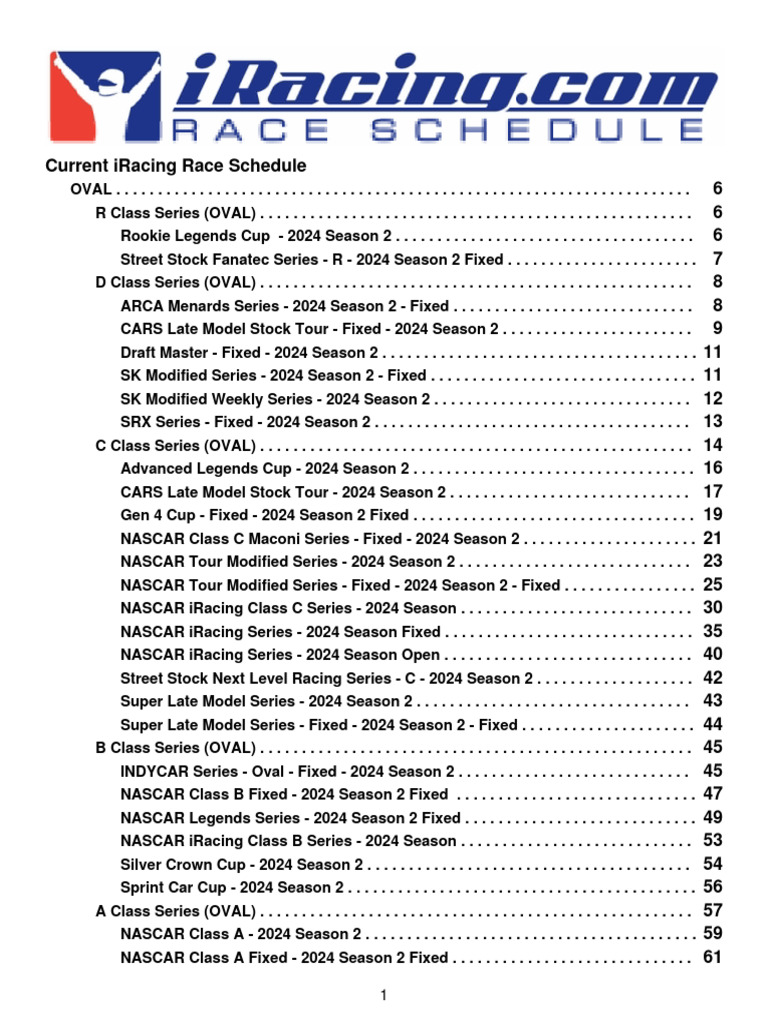 iRacing 2024 Season 2 Schedule | PDF | Oval Track Racing | Formula Racing